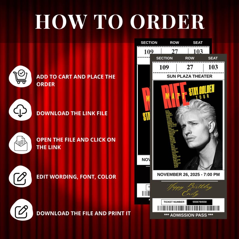 Printable Matt Rife Ticket Stay Golden 2025 Tour | Personalized Live ...