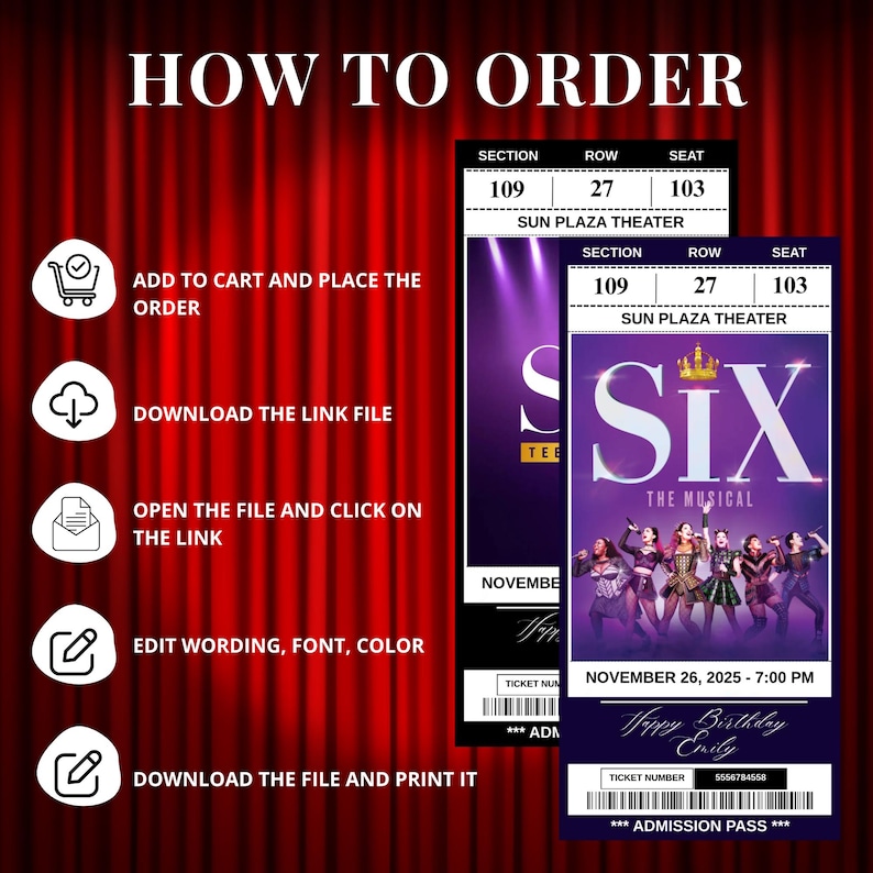 Printable Six the Musical Theatre Ticket, Editable West End, Broadway ...