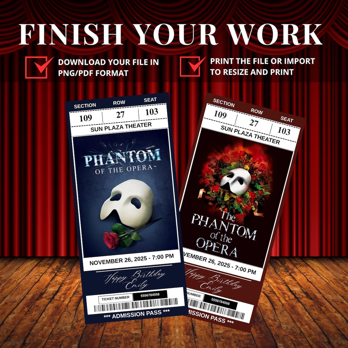 Printable Phantom of the Opera Musical Theatre Ticket | Personalized ...