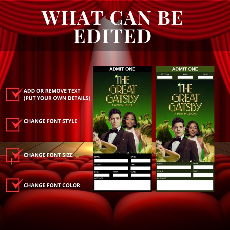 Printable the GREAT GATSBY Musical Theatre Ticket, Personalized Gift ...