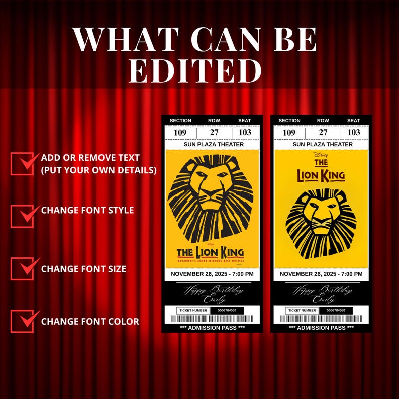 Printable Lion King Broadway Surprise Ticket Editable Musical Theater ...