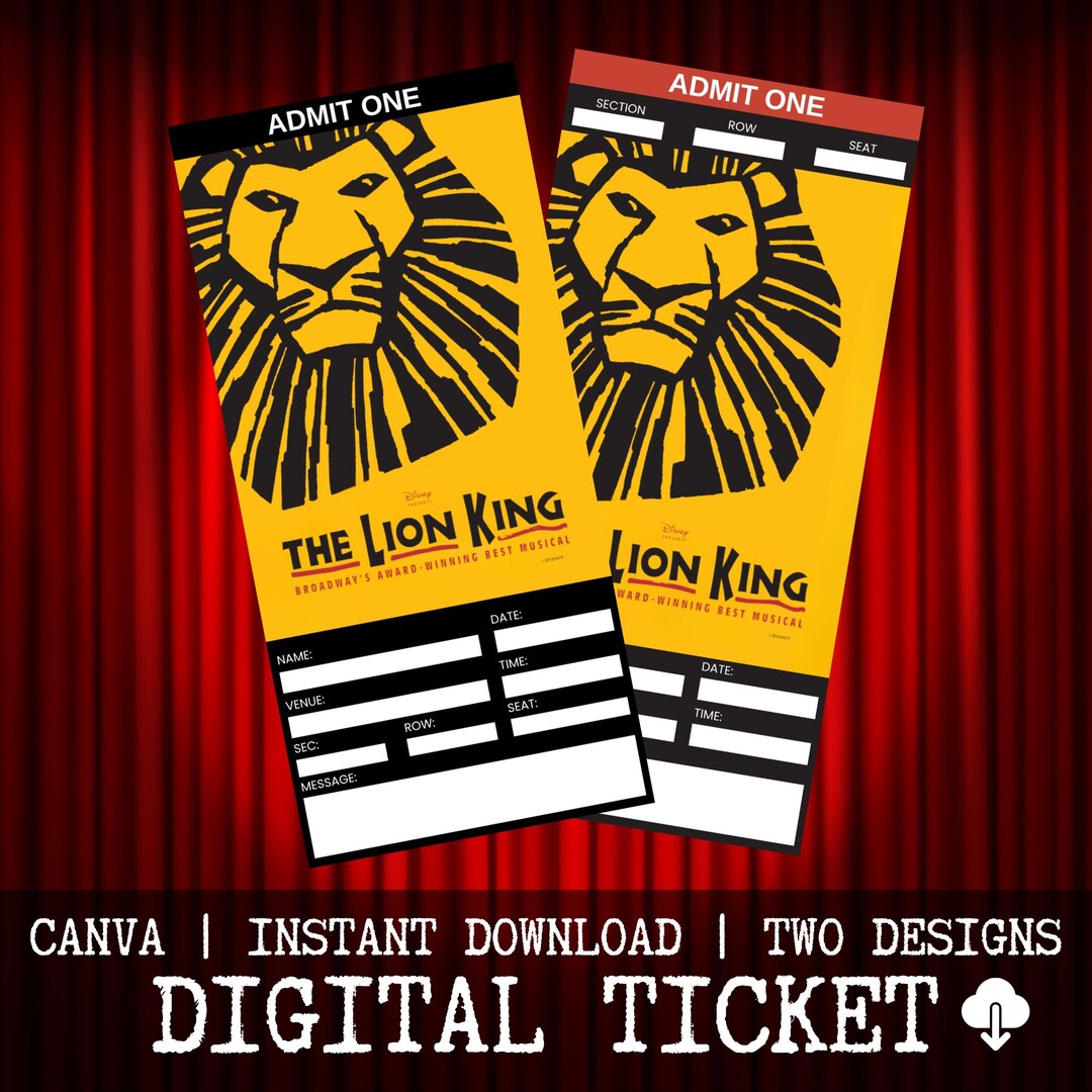 Printable Lion King Broadway Surprise Ticket Editable Musical Theater ...