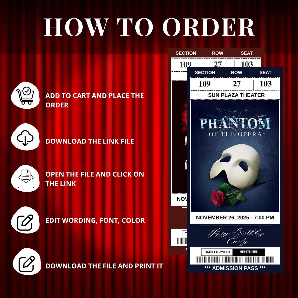 Printable Phantom of the Opera Musical Theatre Ticket | Personalized ...