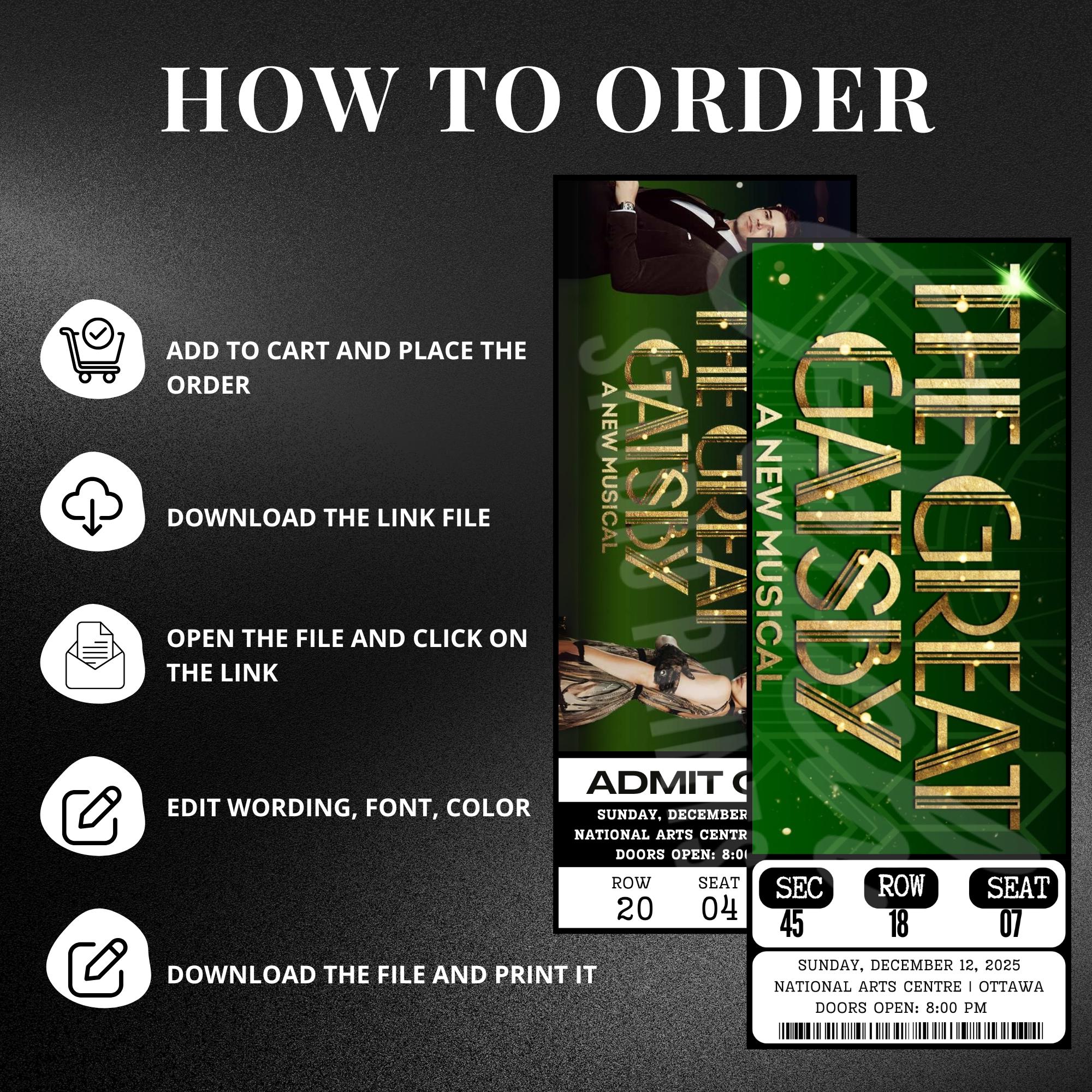Printable the GREAT GATSBY Musical Theatre Ticket, Personalized Gift ...