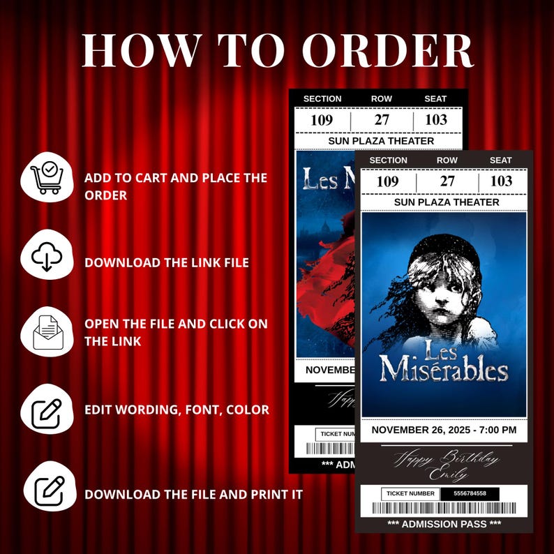Printable Les Miserables Musical Theatre Ticket, Personalized Gift ...