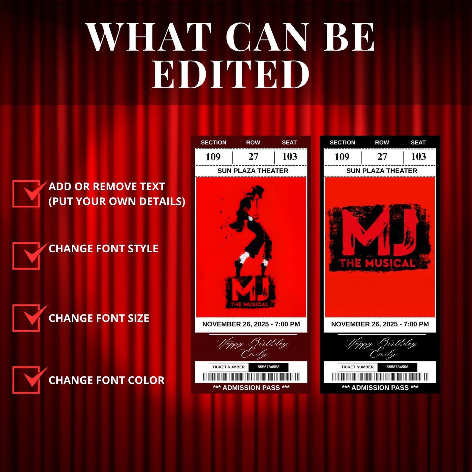 Printable MJ the Musical Theatre Ticket | Personalized Gift Reveal ...