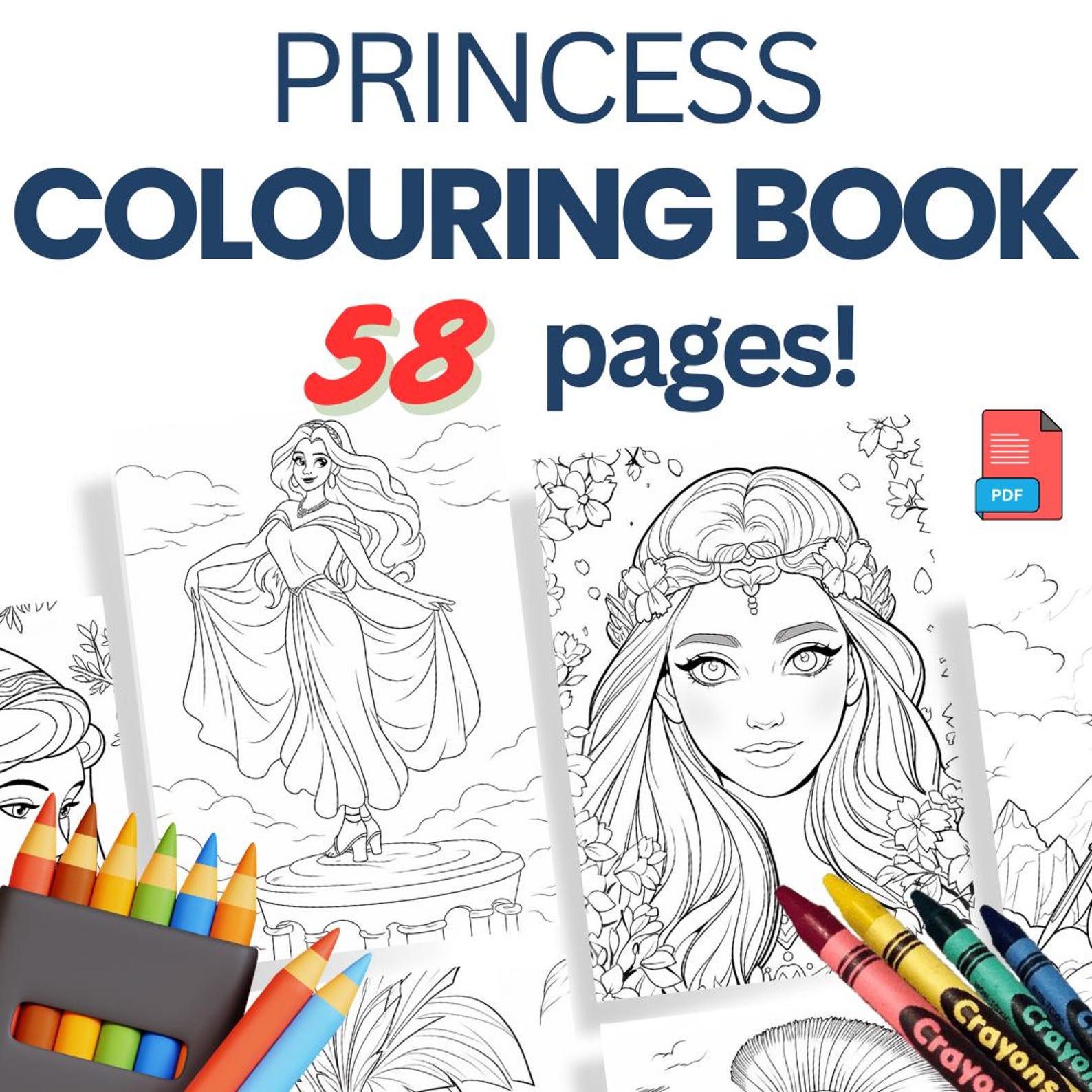 Princess Coloring Book for Kids | Printable PDF | Colouring - 58 Pages ...