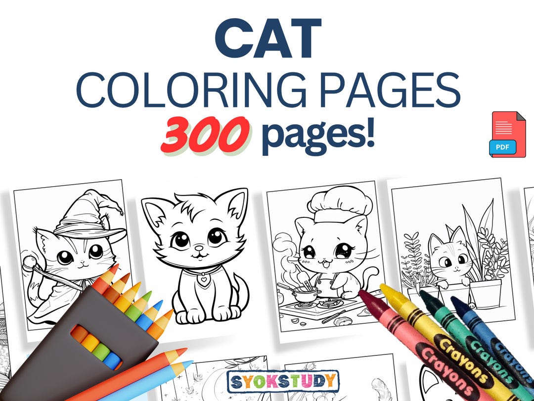 Cat Coloring Book for Kids | Printable PDF | Colouring - 300 Pages - Etsy