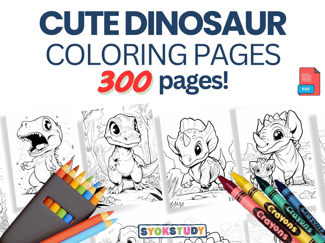 Cute Dinosaur Coloring Book for Kids | Printable PDF | Colouring - 300 ...