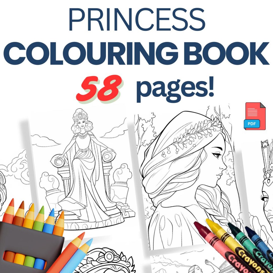 Princess Coloring Book for Kids | Printable PDF | Colouring - 58 Pages ...