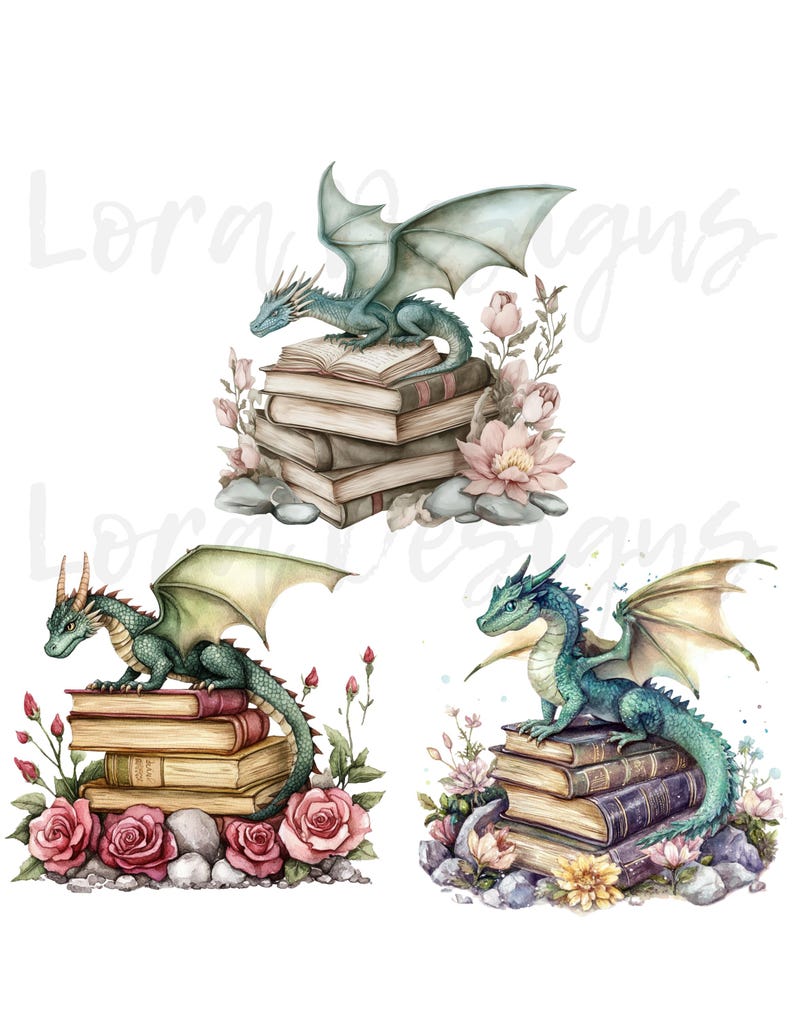 Fantasy Dragon Clipart Bundle: Floral Books, Magical Creatures (PNG ...