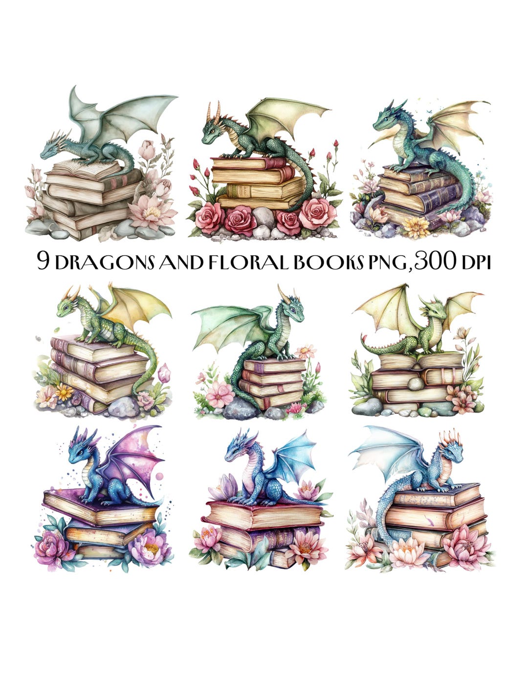 Fantasy Dragon Clipart Bundle: Floral Books, Magical Creatures (PNG ...