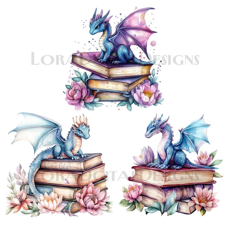 Fantasy Dragon Clipart Bundle: Floral Books, Magical Creatures (PNG ...