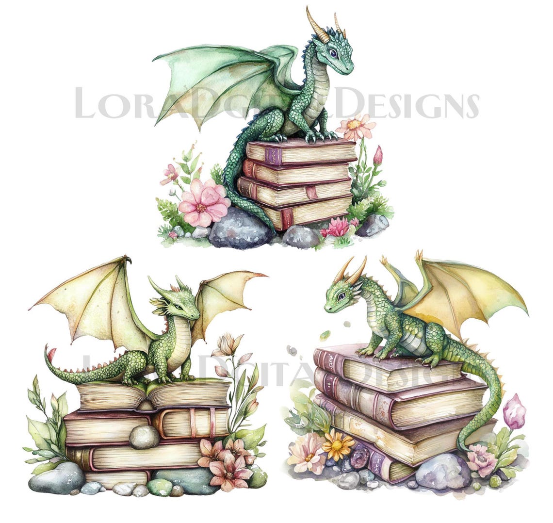 Fantasy Dragon Clipart Bundle: Floral Books, Magical Creatures (PNG ...