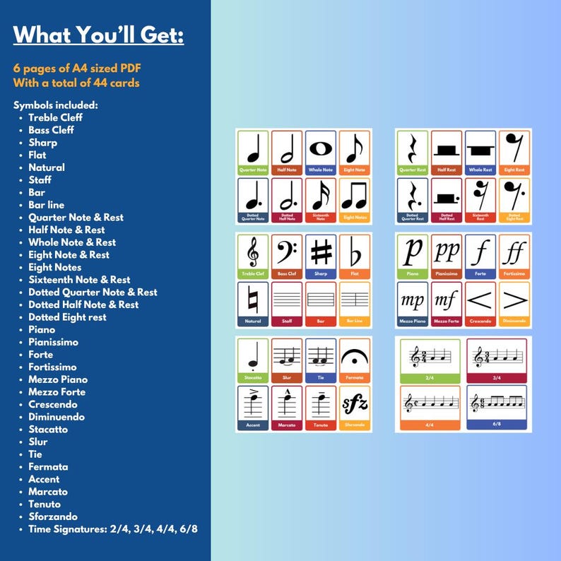 44 Printable Music Symbols Flashcards (notes, Rhytms and More) - Etsy