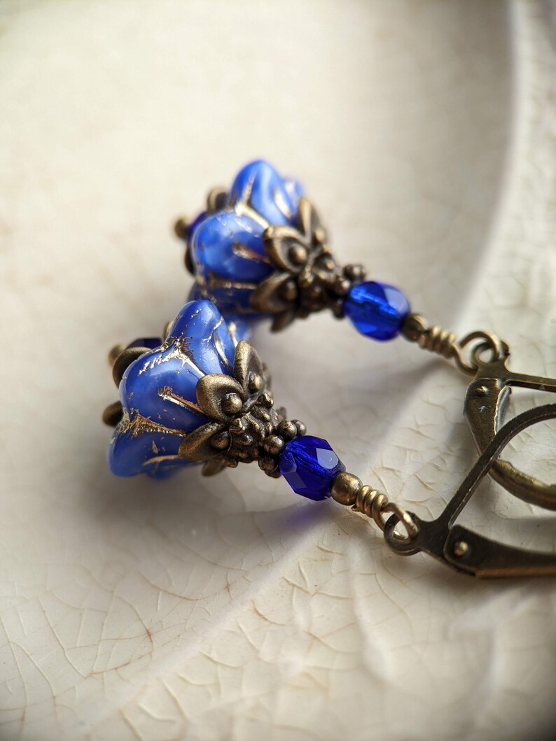 Victorian Style Czech Glass Bellflower Earrings in Royal Blue and ...