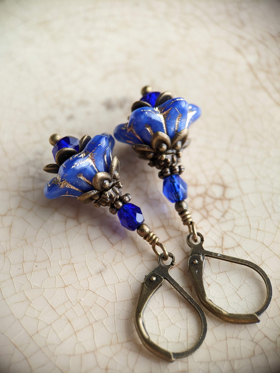 Victorian Style Czech Glass Bellflower Earrings in Royal Blue and ...