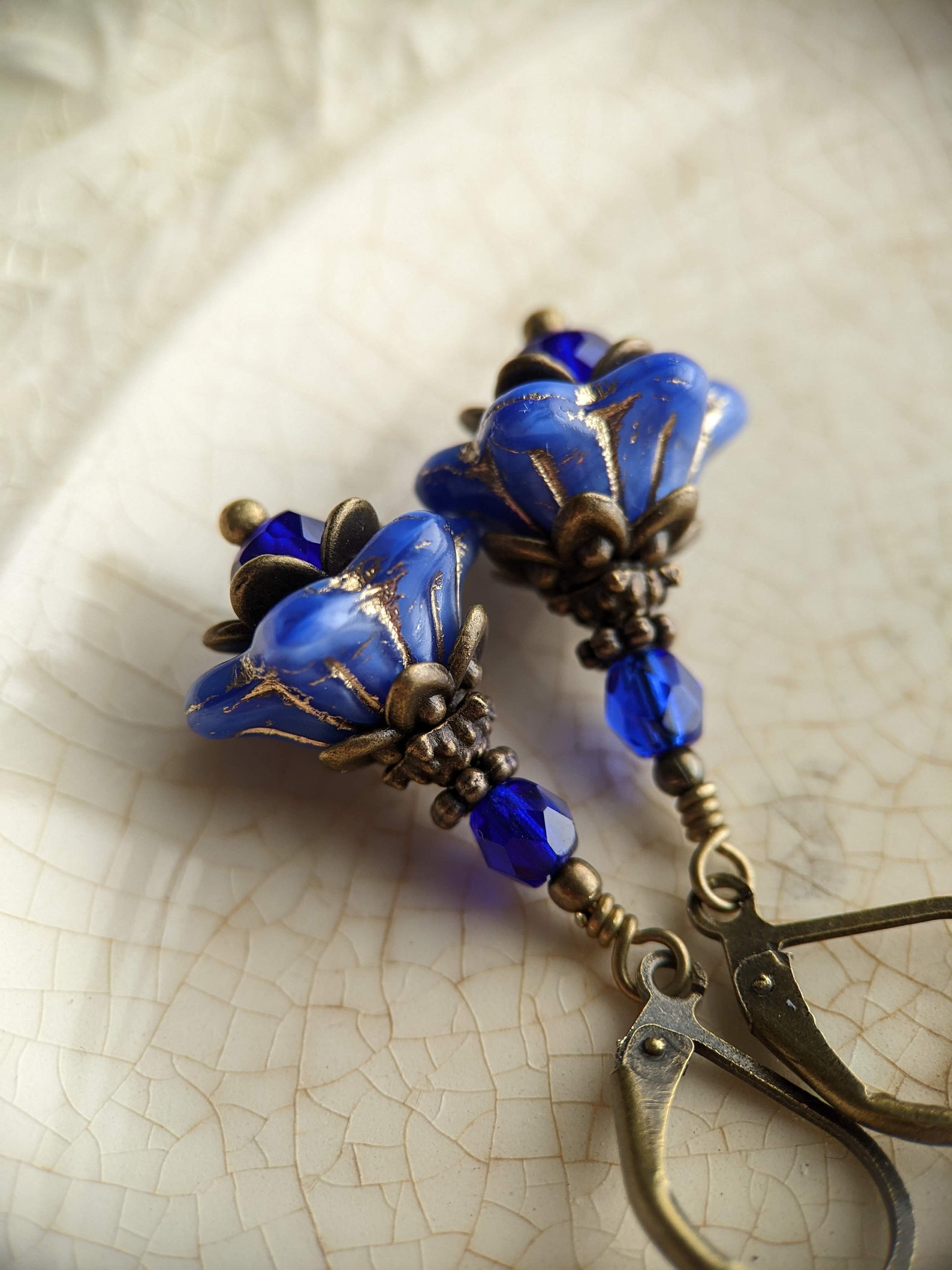Victorian Style Czech Glass Bellflower Earrings in Royal Blue and ...