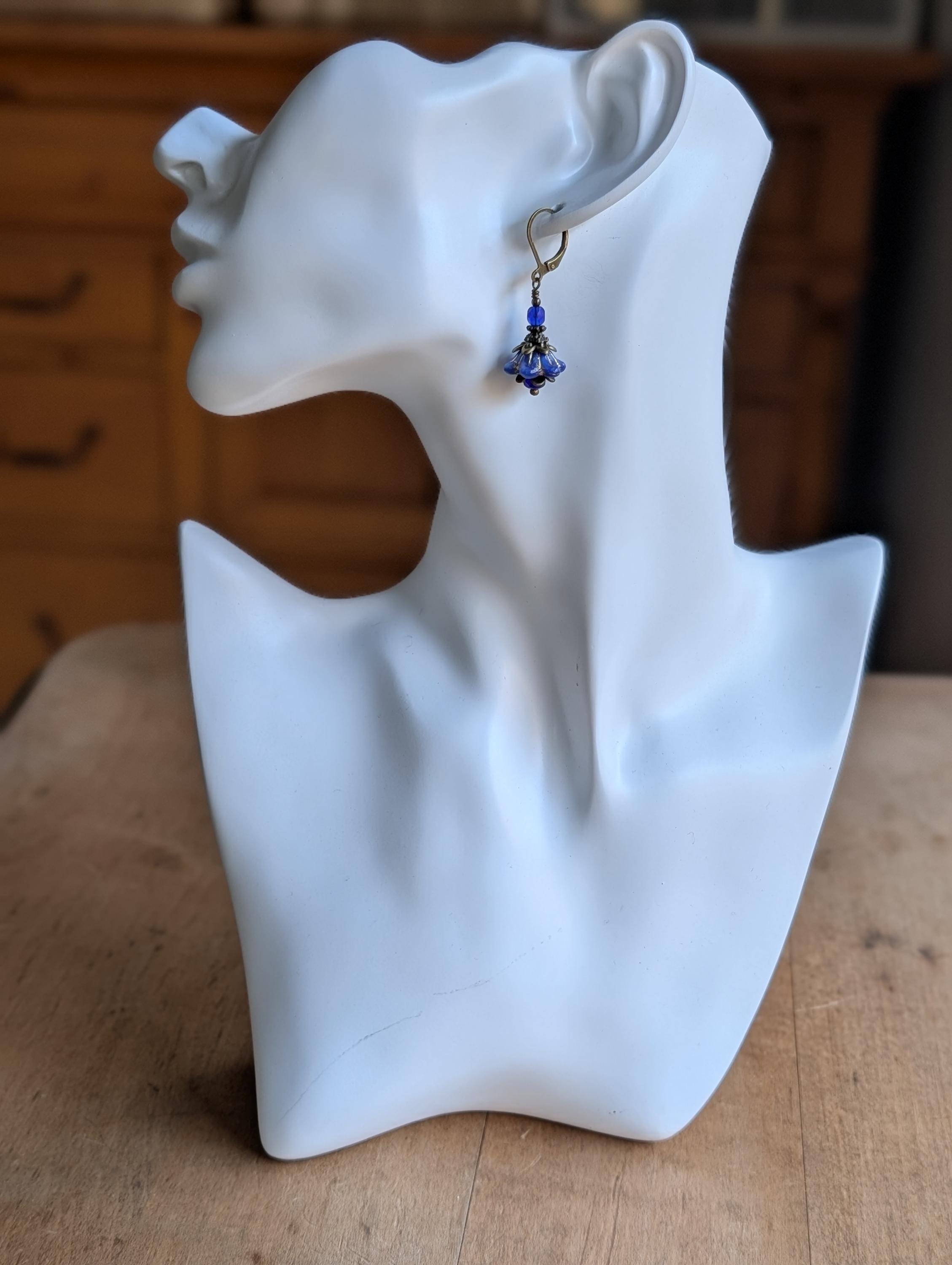 Victorian Style Czech Glass Bellflower Earrings in Royal Blue and ...