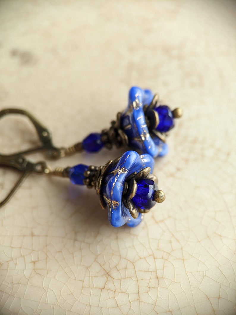 Victorian Style Czech Glass Bellflower Earrings in Royal Blue and ...