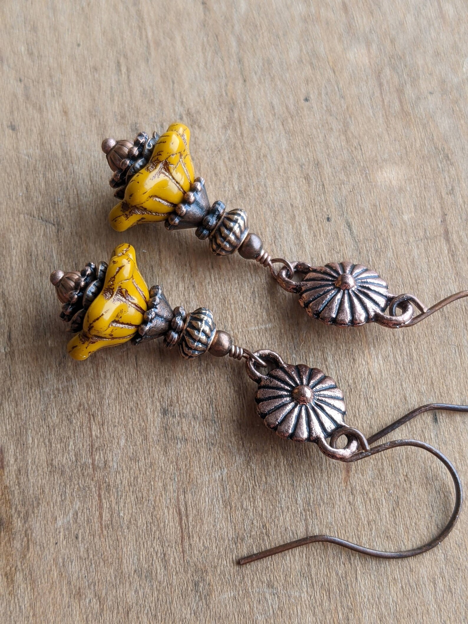 Rustic Mustard Yellow Flower Earrings in Antiqued Copper, Dark Yellow ...