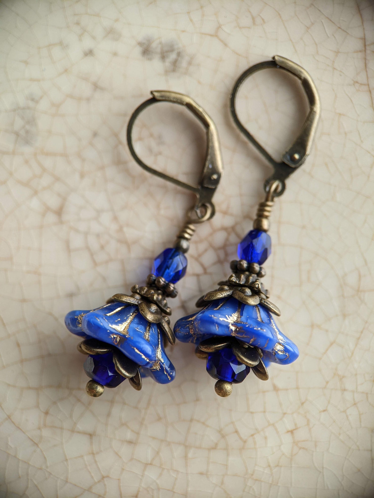 Victorian Style Czech Glass Bellflower Earrings in Royal Blue and ...