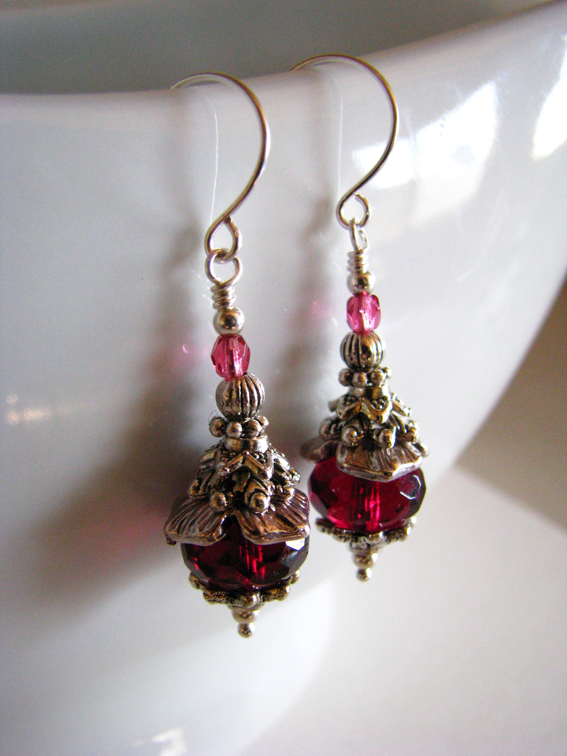 Magenta Dangle Earrings in Antiqued Silver Vintage Style | Etsy
