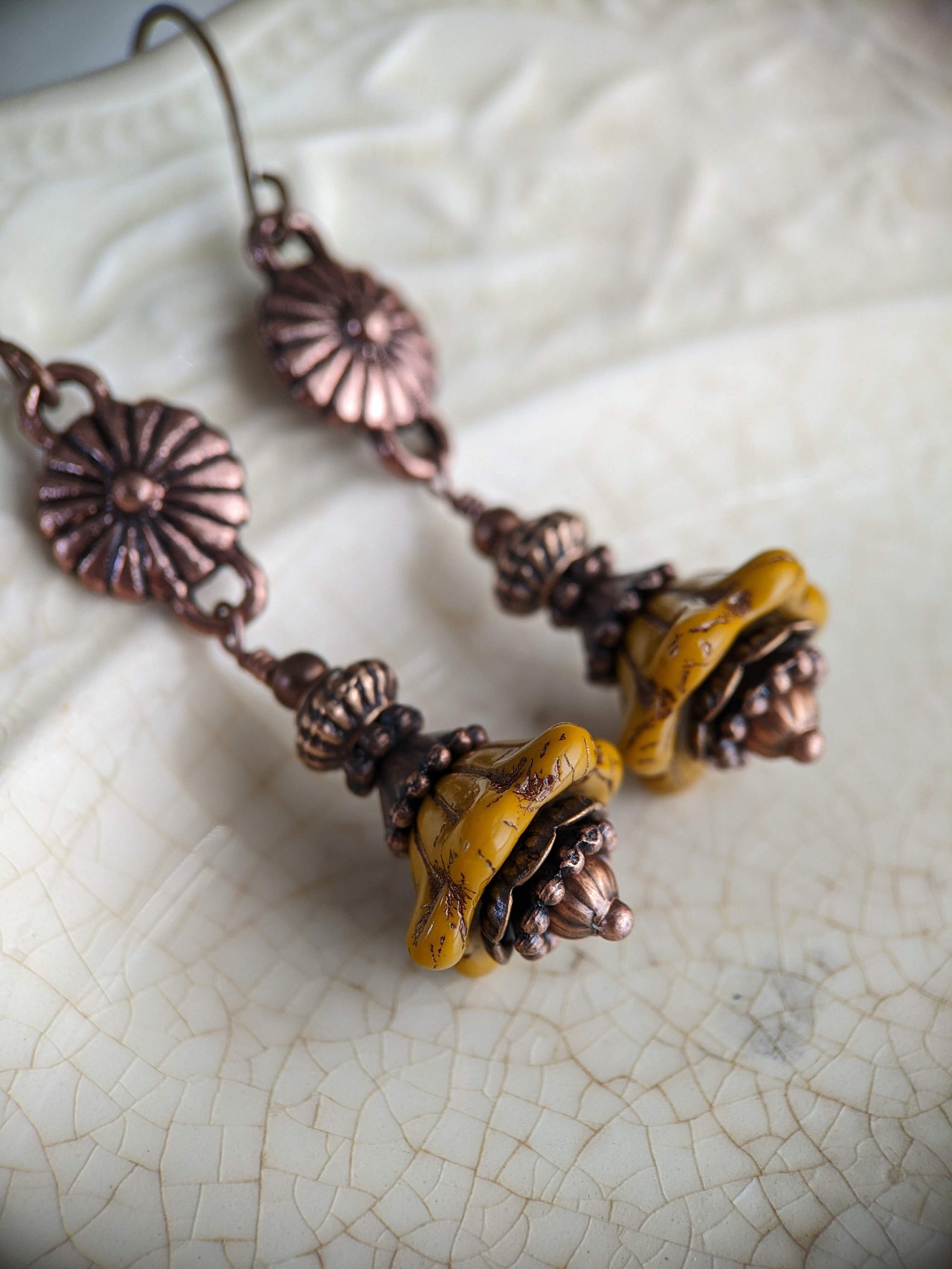 Rustic Mustard Yellow Flower Earrings in Antiqued Copper, Dark Yellow ...