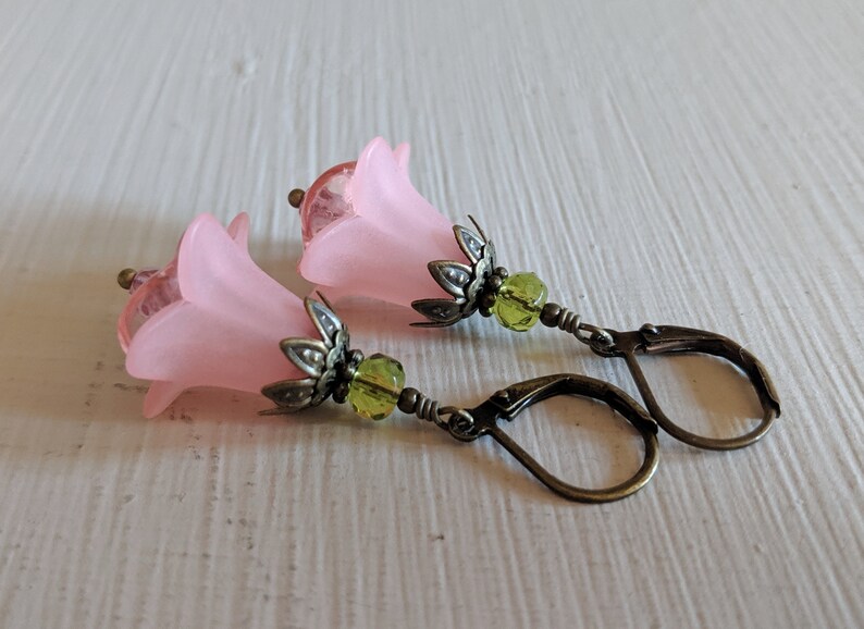 Summer Rose Earrings Soft Pink Lucite Flowers In Antiqued Etsy
