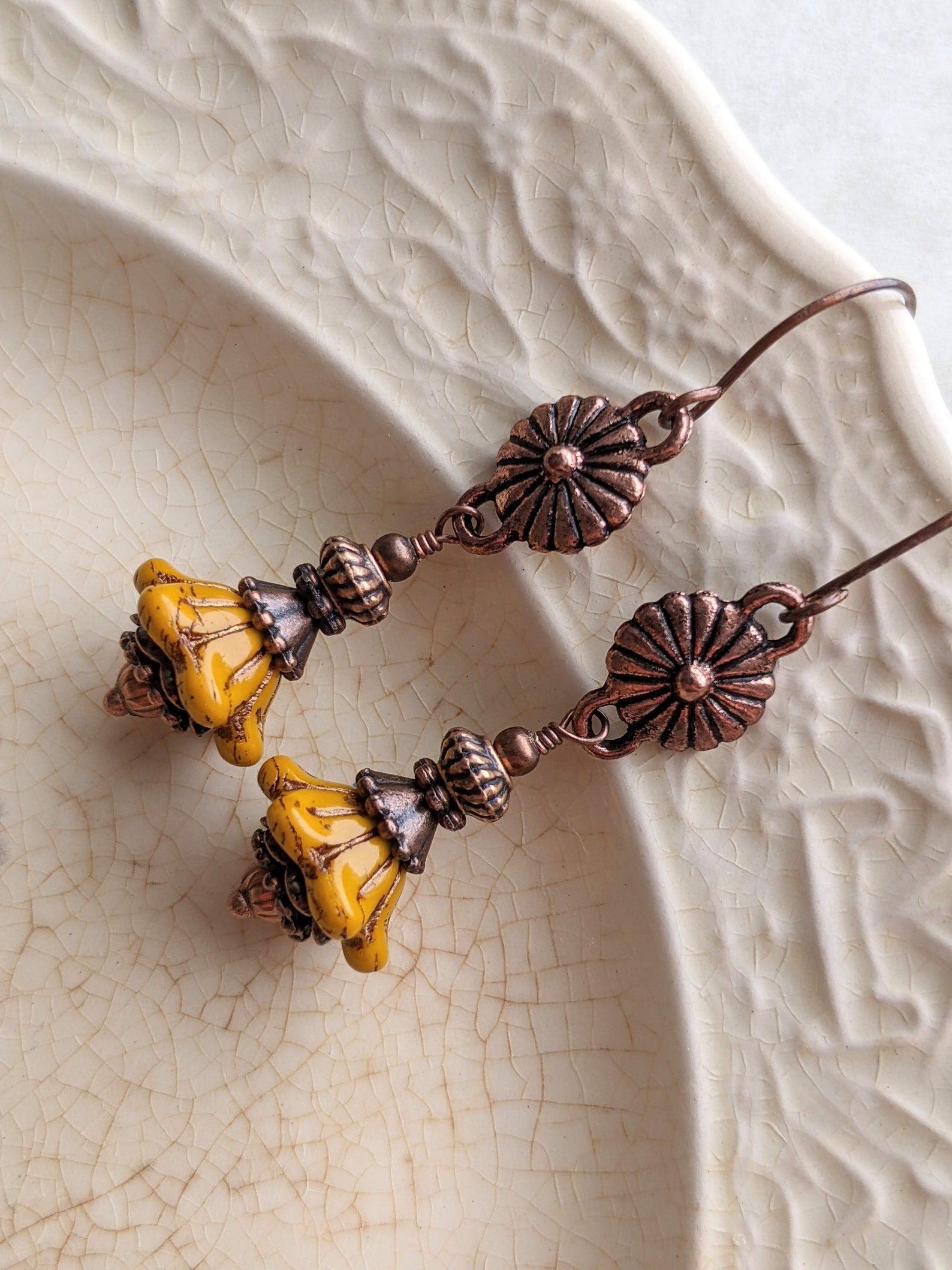 Rustic Mustard Yellow Flower Earrings in Antiqued Copper, Dark Yellow ...