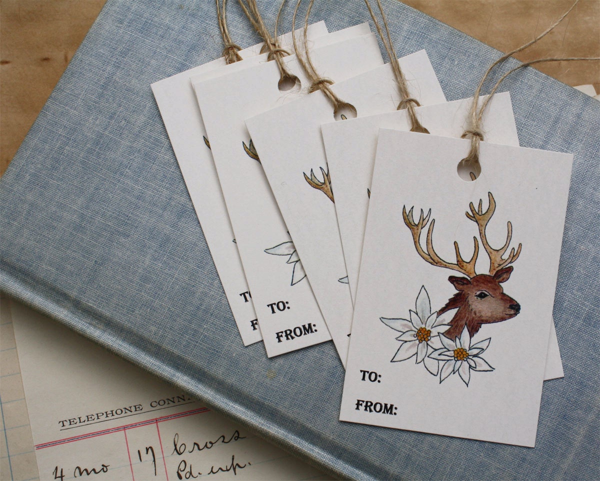 Stag Reindeer Gift Tags, Deer Edelweiss Nordic Alpine, Sets of 6, 12 ...