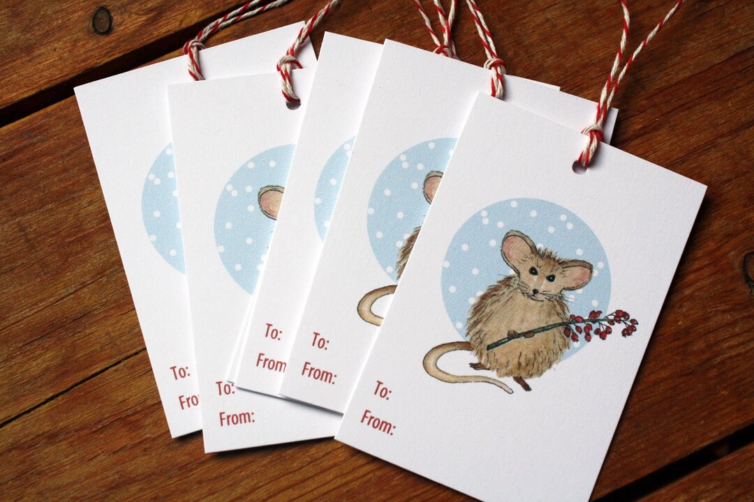 Winter Mouse Gift Tags, Mouse With Winter Berries in Snow. Sets of 6 ...