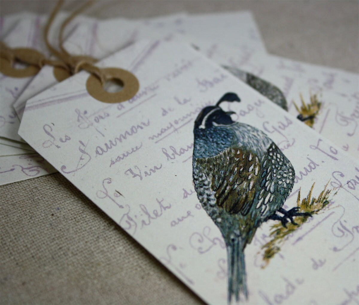 6 Quail Gift Tags Recycled Paper Watercolor Print French | Etsy