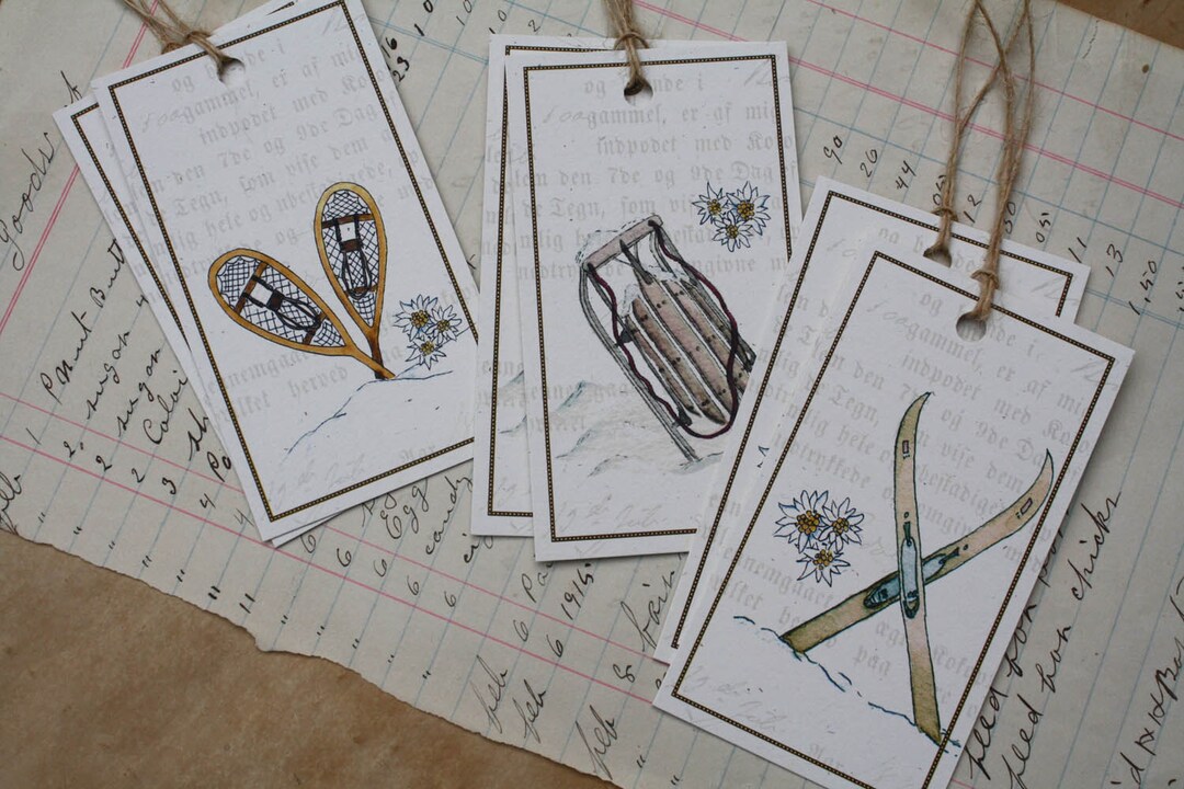 6 Winter Sport Tags - Ski Snowshoe Sled, Snow Sports, Watercolors Set ...