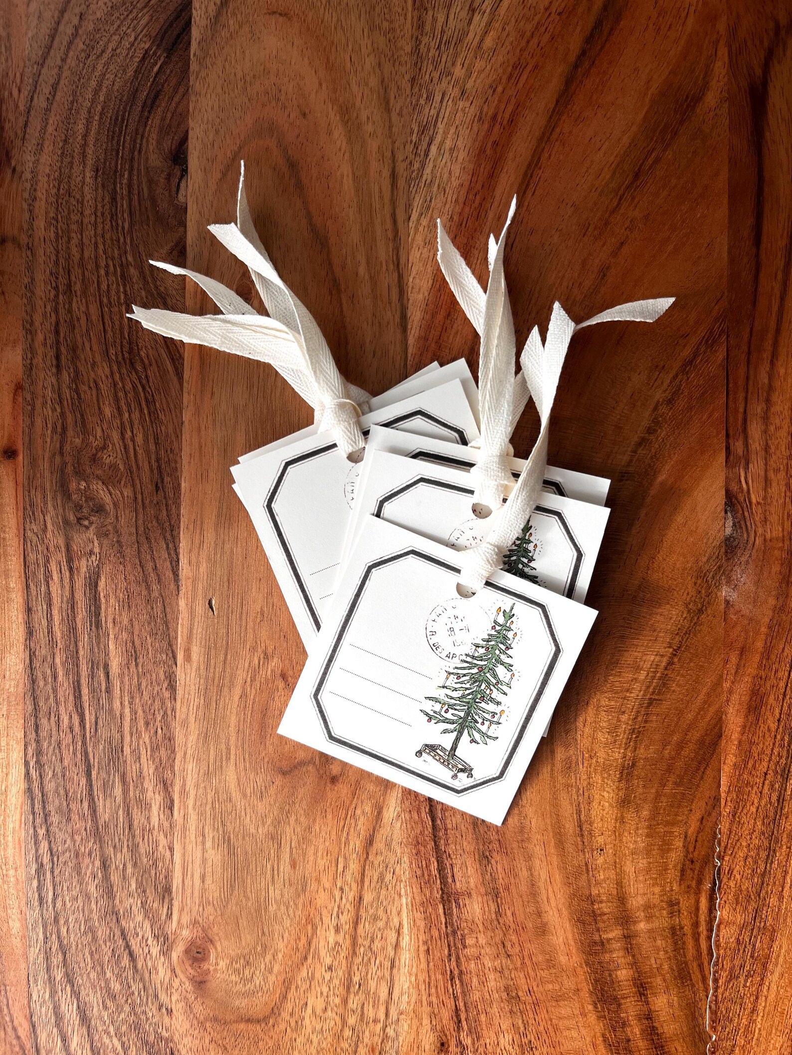 6 Christmas Tree Gift Tags With Vintage Style Brown Border. Classic ...