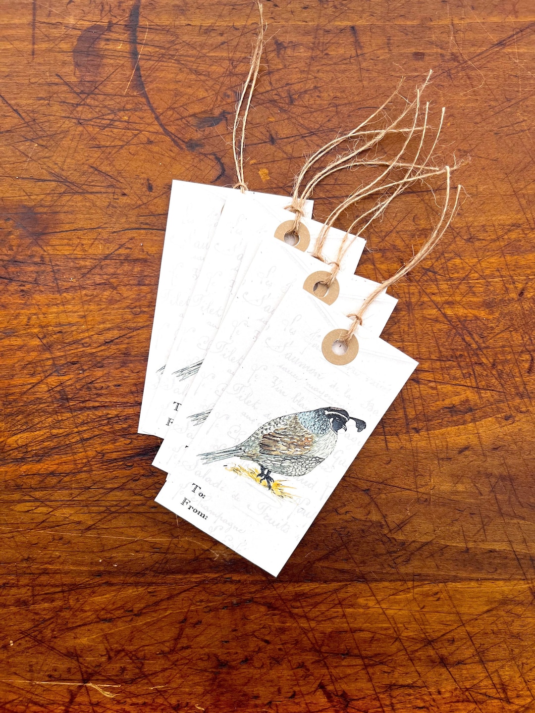 6 Quail Gift Tags, Recycled Paper, Watercolor Print French Script ...