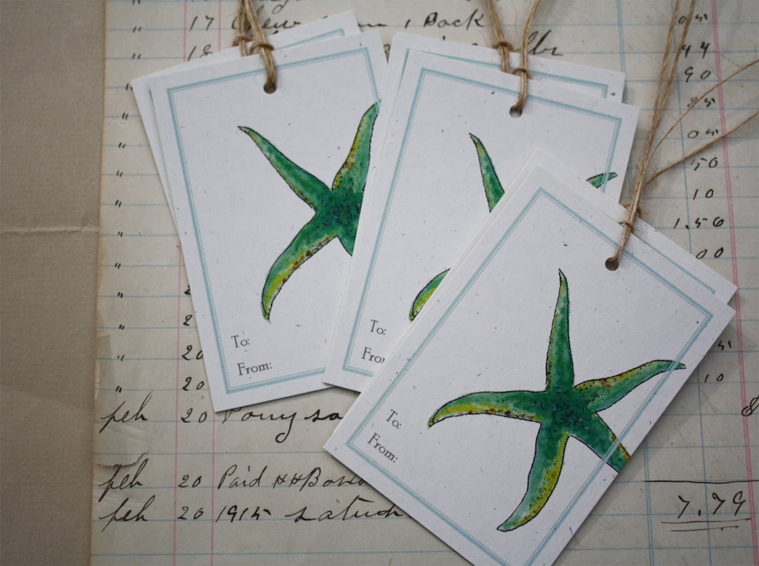 6 Starfish Seastar Gift Tags, Set of 6, Beach Tags, on Recycled Cream ...