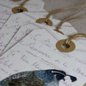 6 Quail Gift Tags, Recycled Paper, Watercolor Print French Script ...