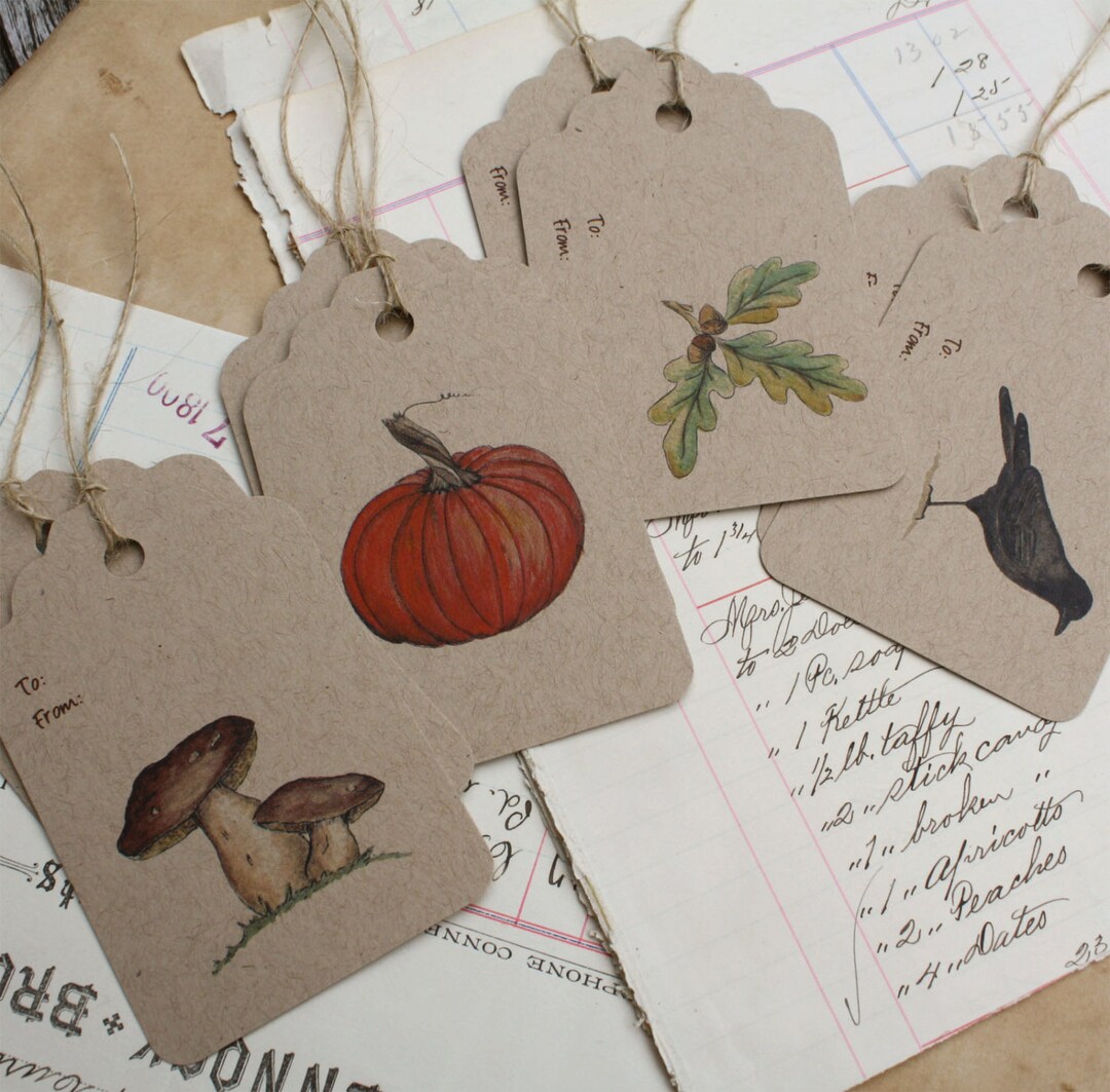 8 Gift Tags for Autumn Fall Season - Pumpkin Crow Oak Oakleaf Porcini ...
