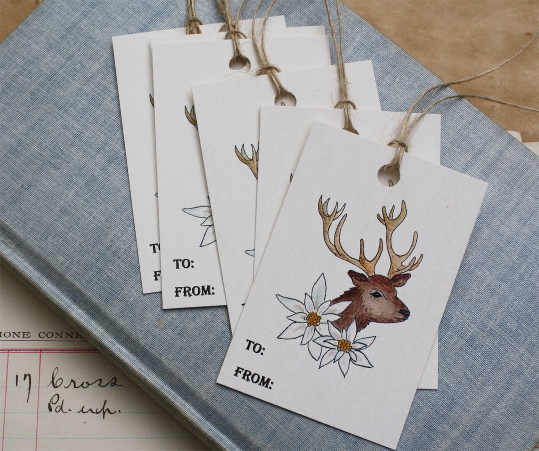 Stag Reindeer Gift Tags, Deer Edelweiss Nordic Alpine, Sets of 6, 12 ...