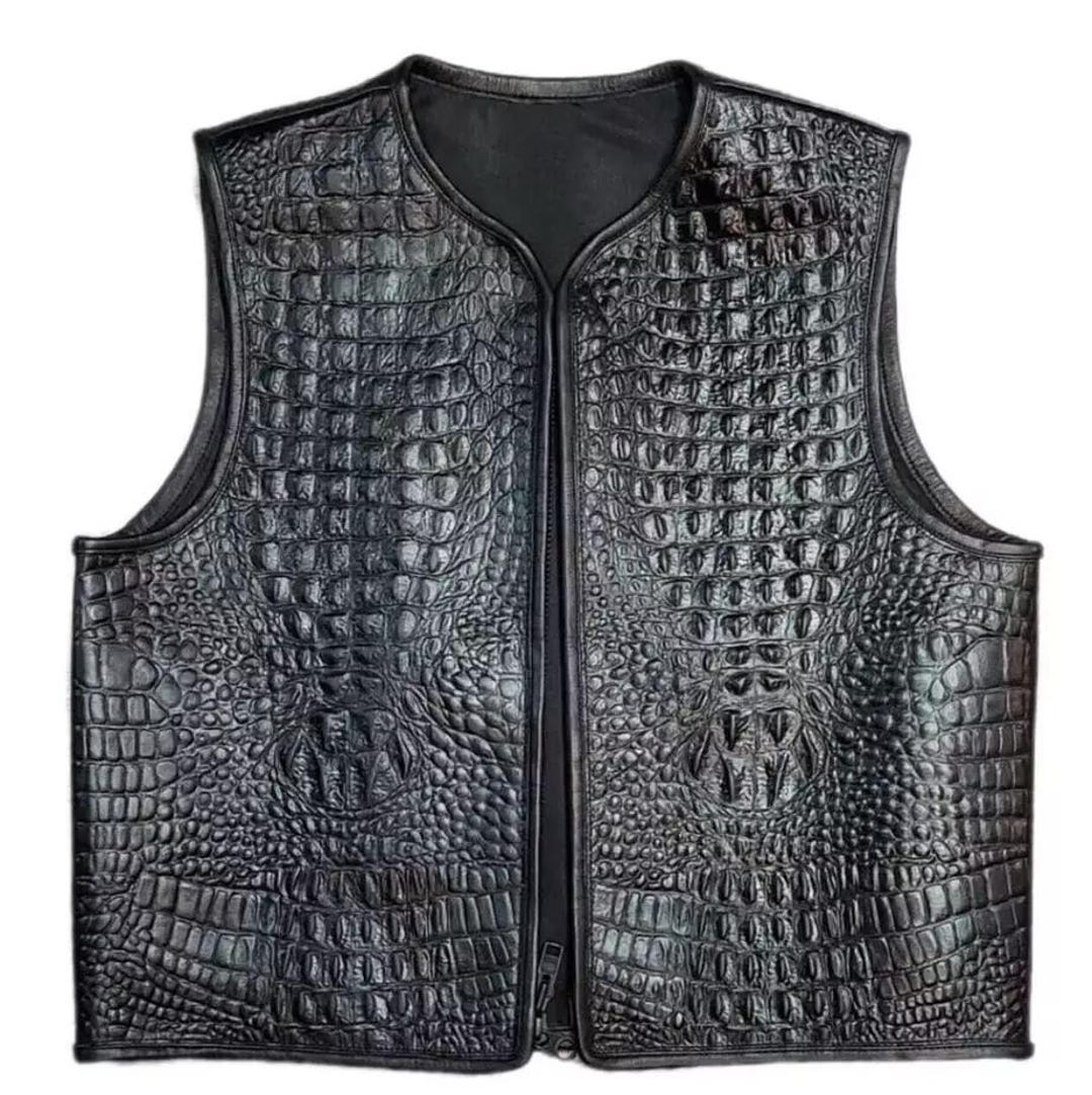 Men's Black Crocodile Embossed Leather Motorcycle Vest: Concealed Carry ...