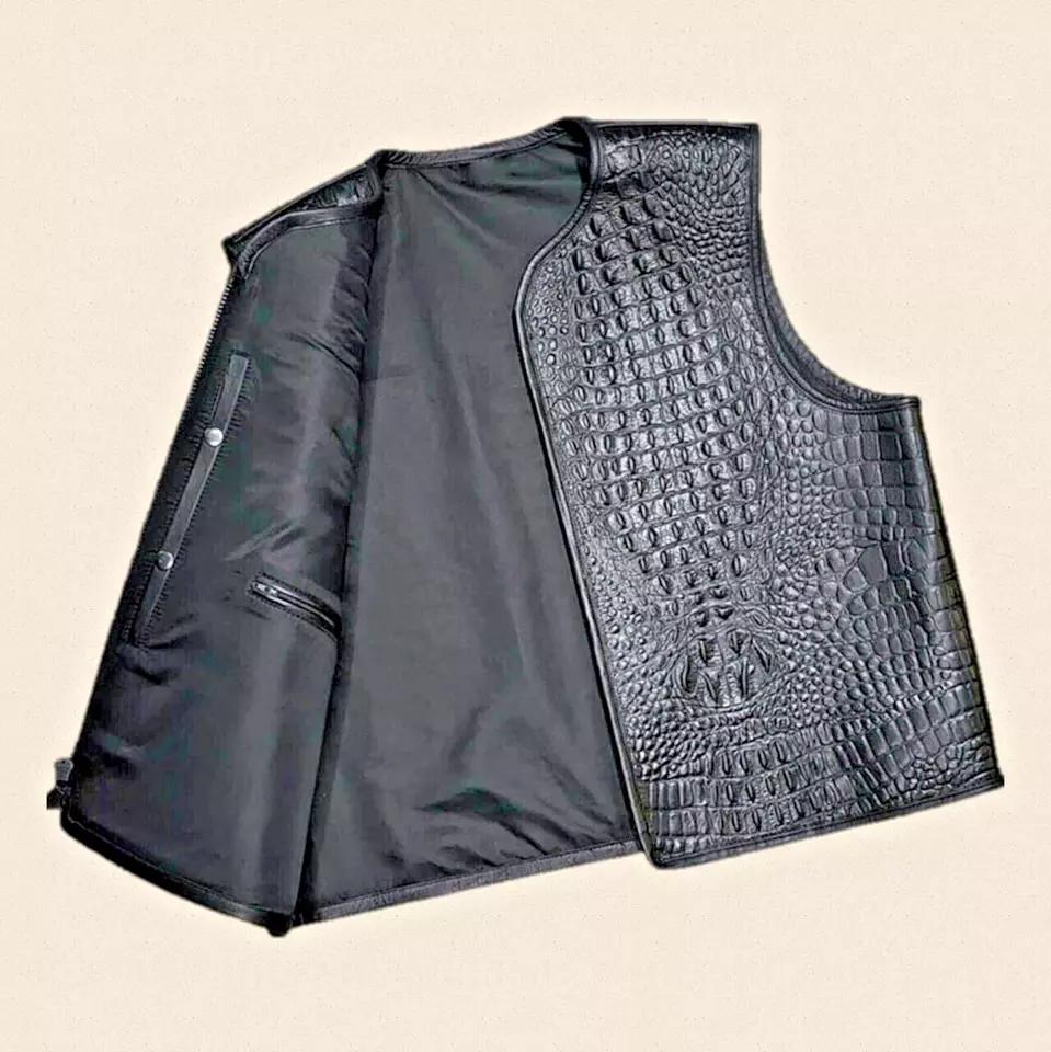 Men's Black Crocodile Embossed Leather Motorcycle Vest: Concealed Carry ...