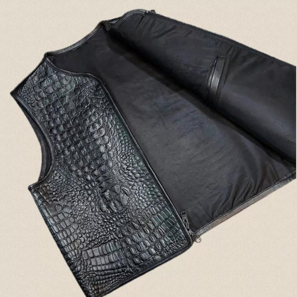 Men's Black Crocodile Embossed Leather Motorcycle Vest: Concealed Carry ...