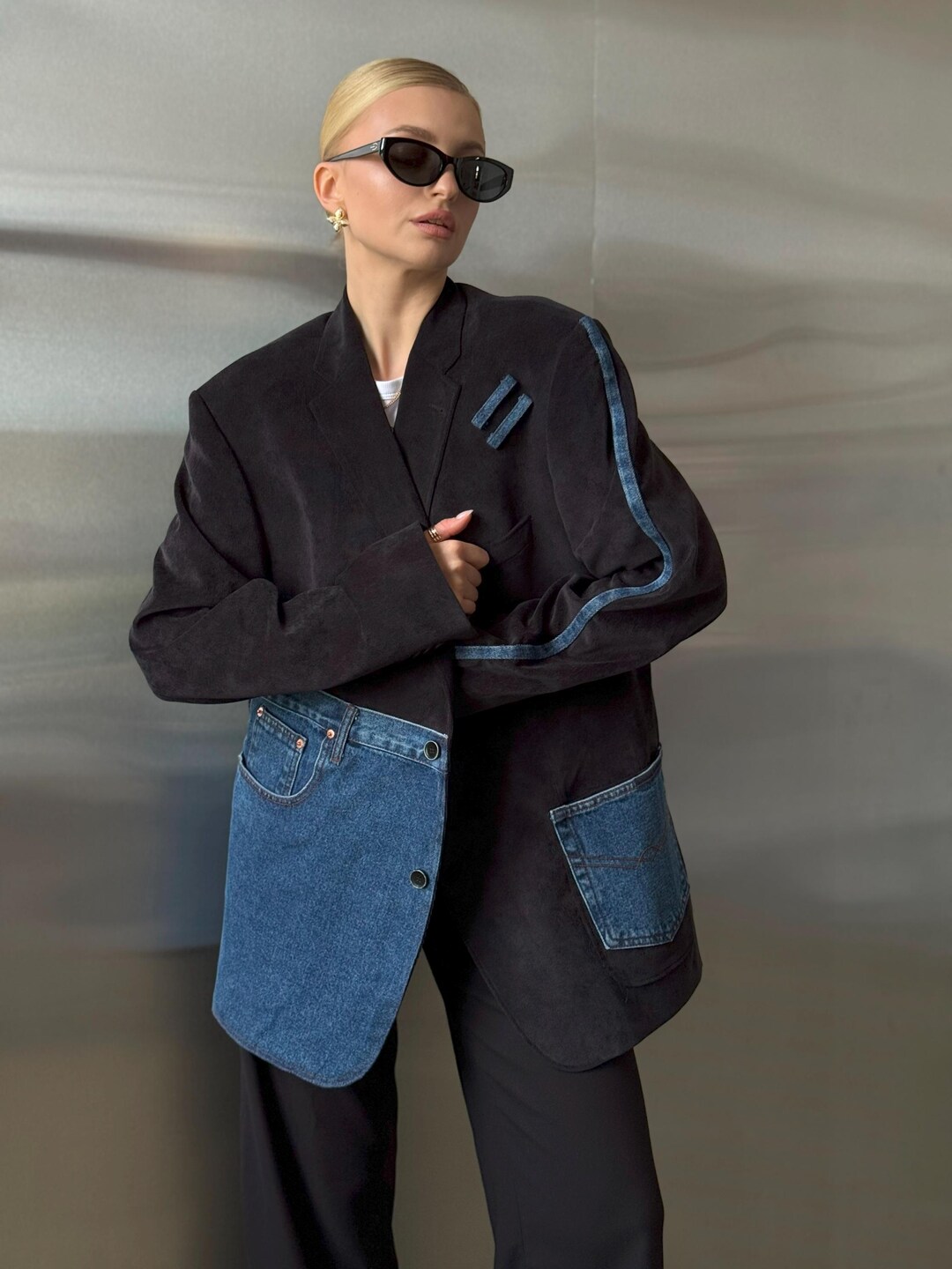 Vintage Blazer With Upcycled Denim Patches | Statement Black Jacket ...