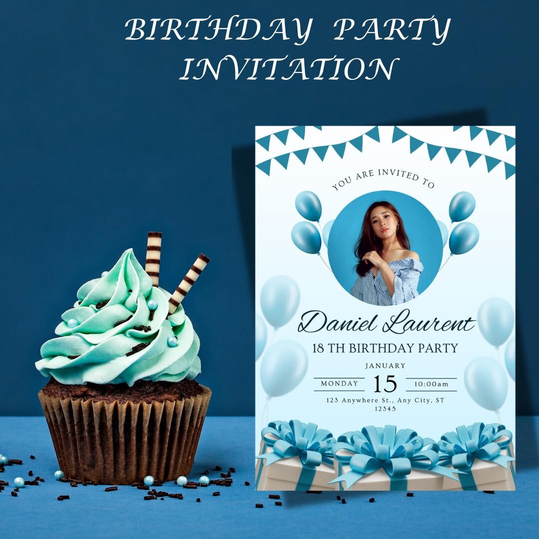 Blue Modern Birthday Party Invitation, Editable Blue Birthday ...