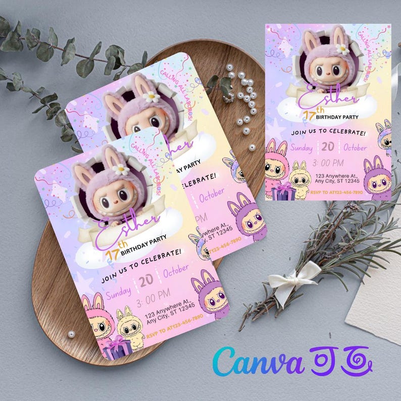 Cute Labubu Editable Birthday Invitation | Editable Invite Template in ...