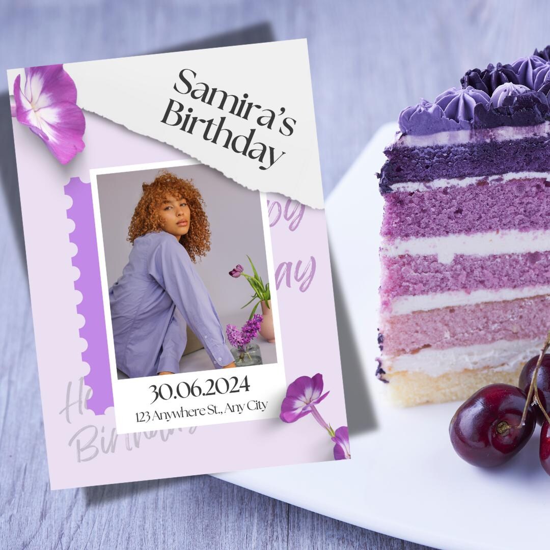 Purple Floral Birthday Invitation: Photo Collage Template (digital ...