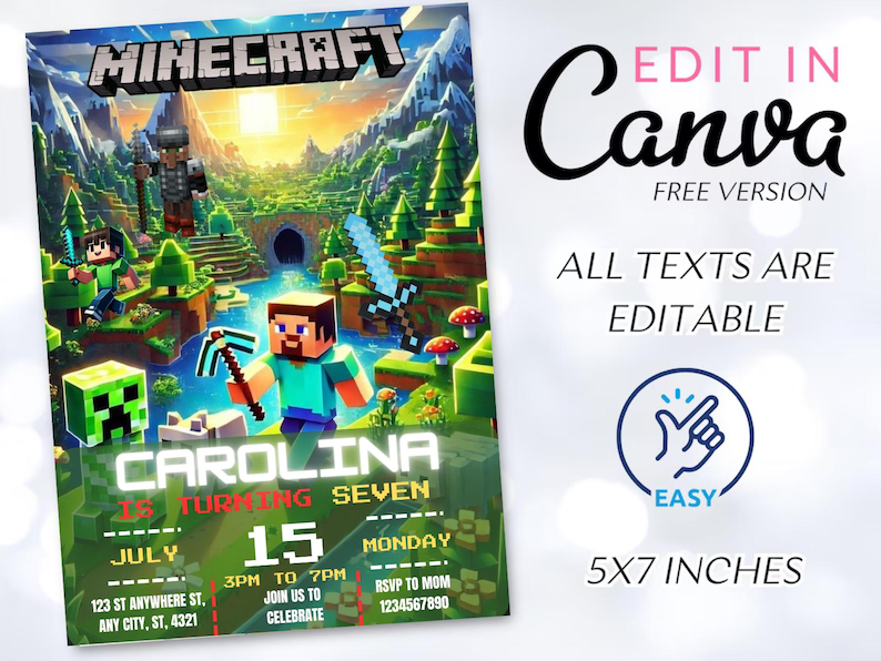 Editable Minecraft Birthday Invitation | Mine Invite Template ...