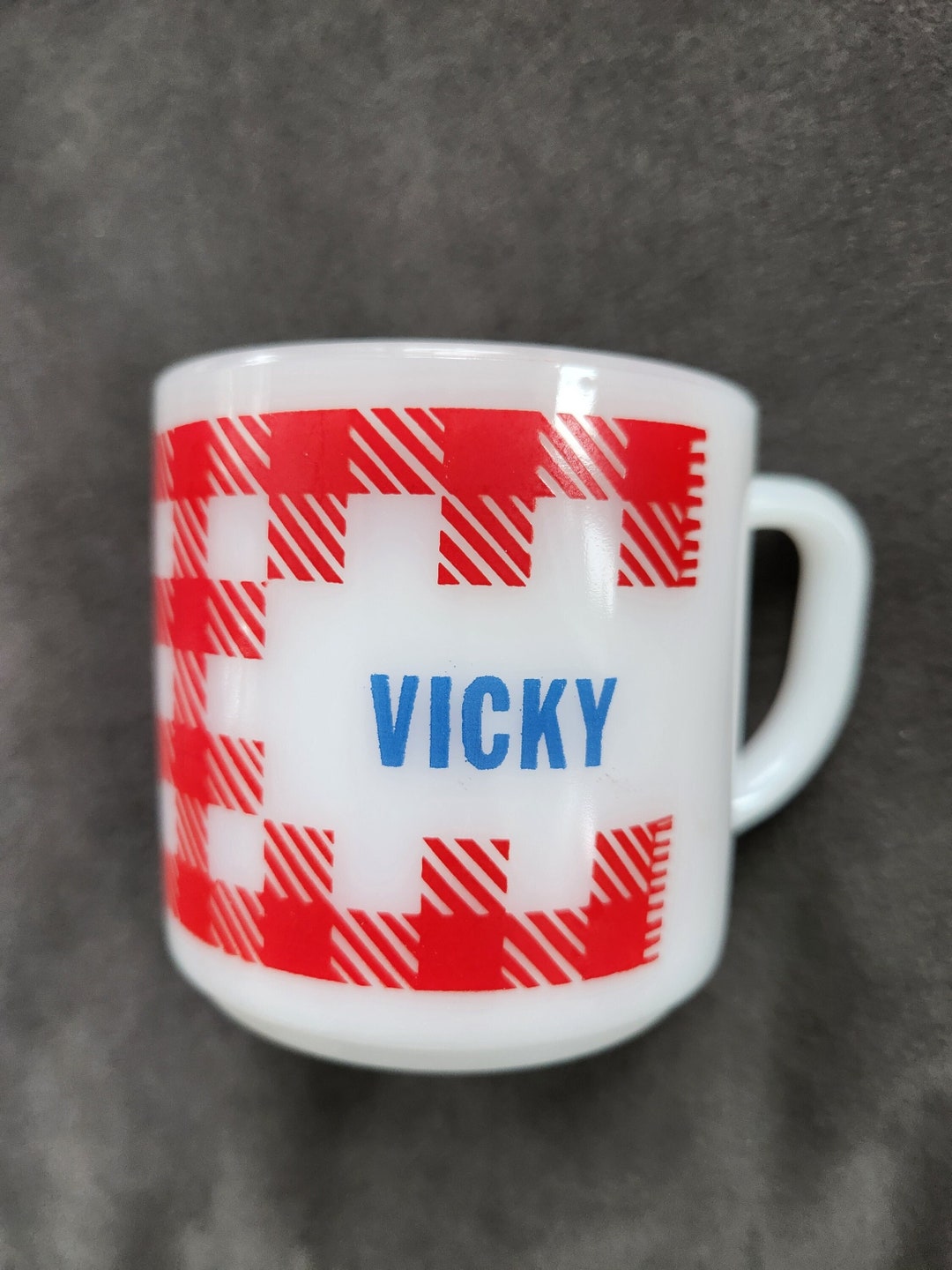 Vintage Federal Glass Red Gingham Check Mug, Personalized * VICKY - Etsy