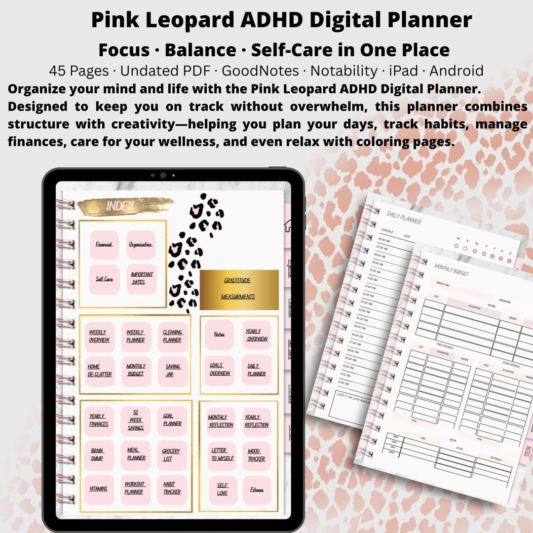 Pink Leopard ADHD Digital Planner — Undated Pages for Focus, Wellness ...
